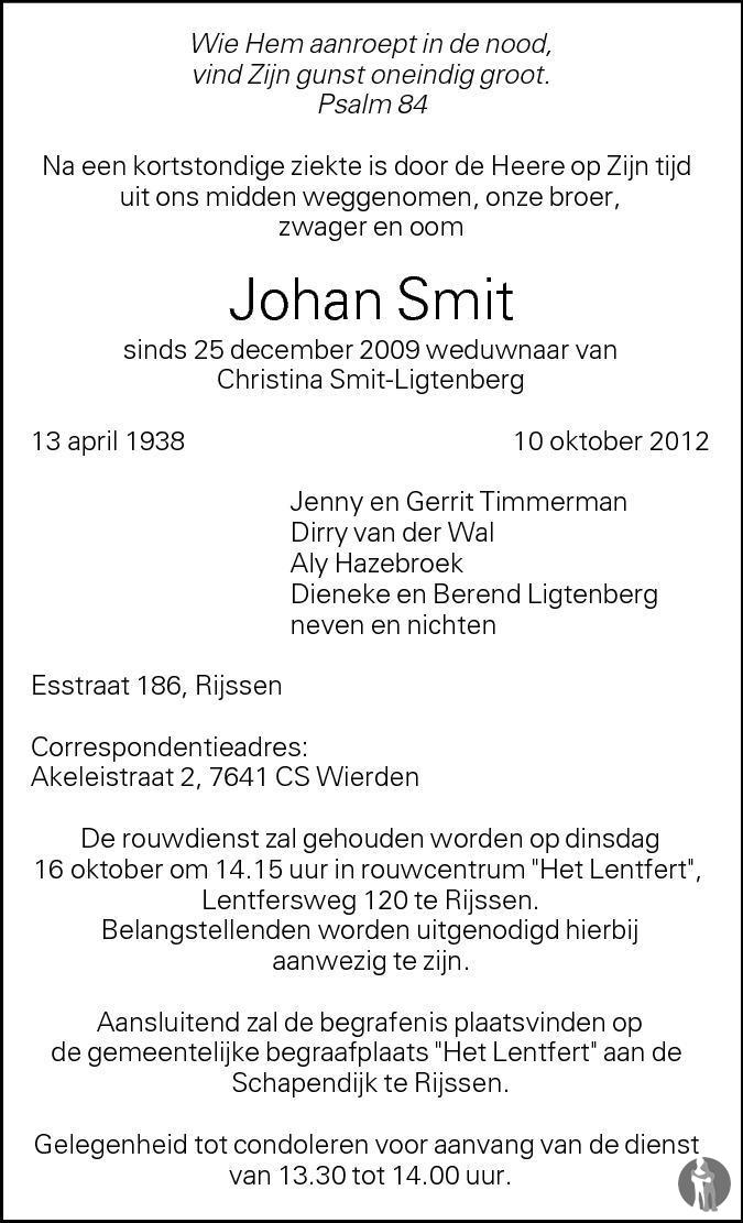 Johan Smit 10-10-2012 overlijdensbericht en condoleances - Mensenlinq.nl