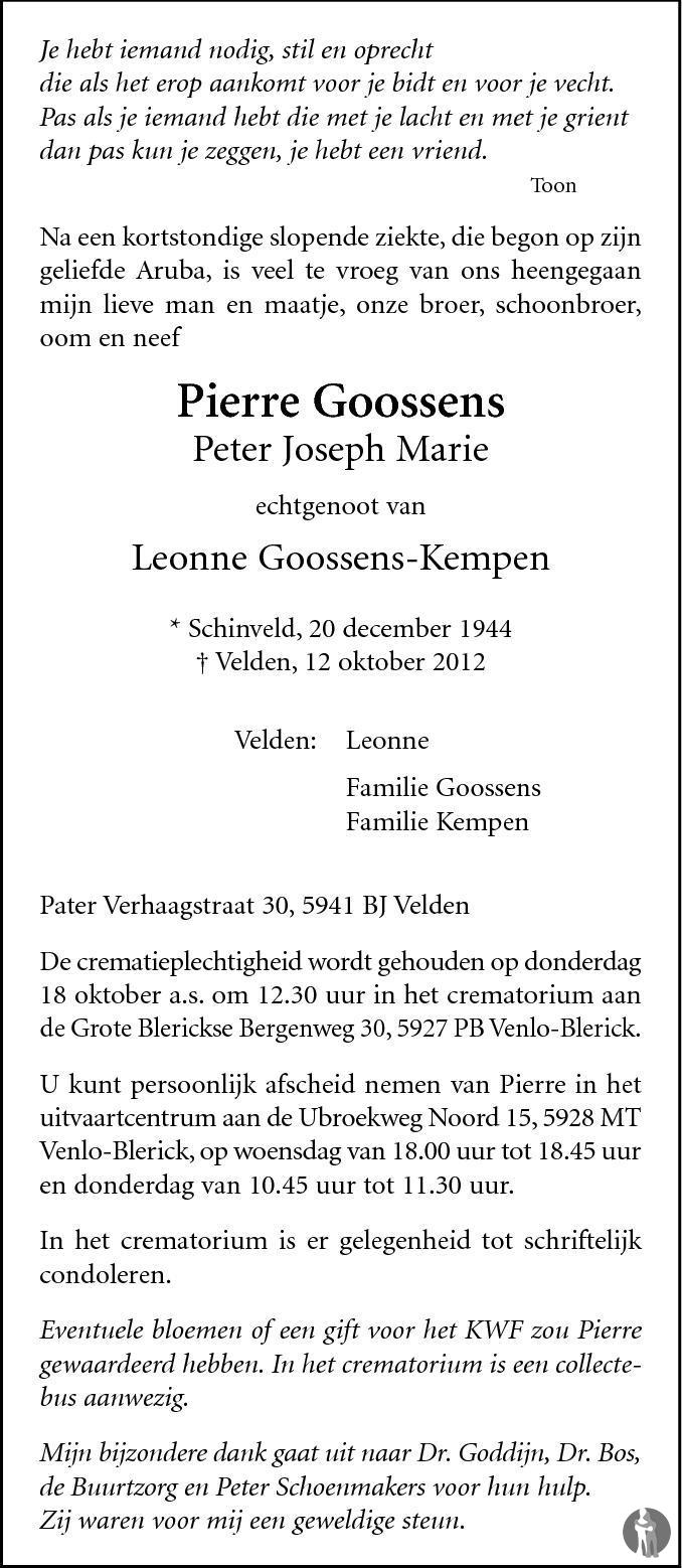 Peter Joseph Marie (Pierre) Goossens 12-10-2012 overlijdensbericht en ...