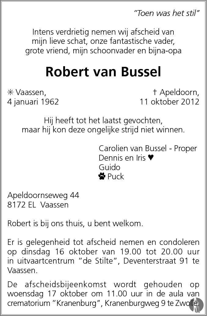 Robert van Bussel 11-10-2012 overlijdensbericht en condoleances ...