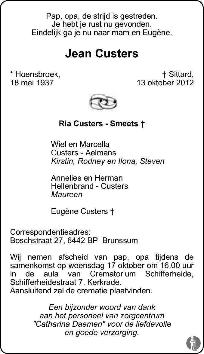 Jean Custers 13-10-2012 overlijdensbericht en condoleances - Mensenlinq.nl