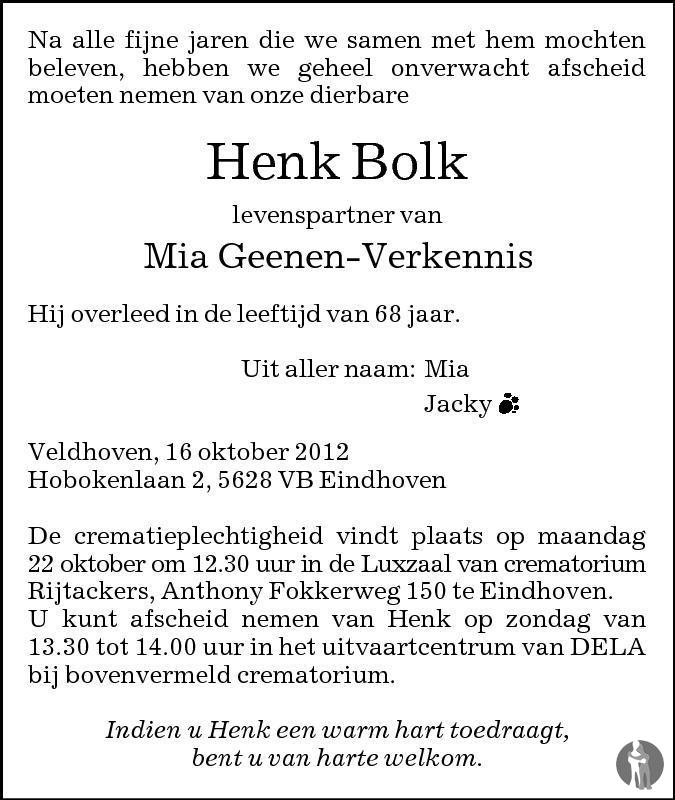 Henk Bolk 16-10-2012 overlijdensbericht en condoleances - Mensenlinq.nl