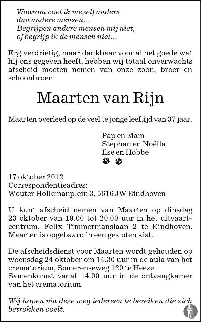 Maarten van Rijn 17-10-2012 overlijdensbericht en condoleances ...