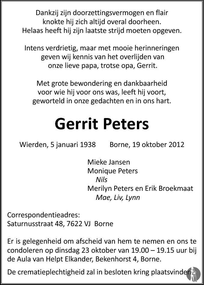 Gerrit Peters 19-10-2012 overlijdensbericht en condoleances - Mensenlinq.nl