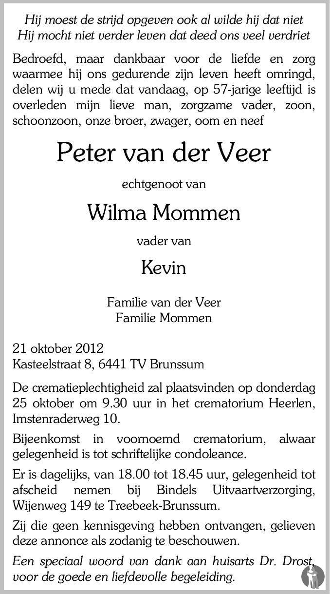 Peter van der Veer 21-10-2012 overlijdensbericht en condoleances ...