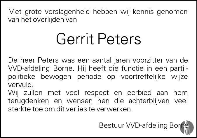 Gerrit Peters 19-10-2012 overlijdensbericht en condoleances - Mensenlinq.nl