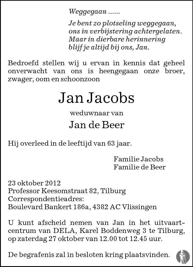 Jan Jacobs 23-10-2012 overlijdensbericht en condoleances - Mensenlinq.nl