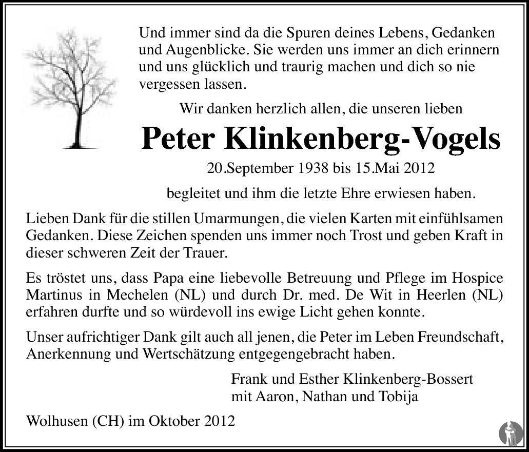 Peter Klinkenberg 15-05-2012 overlijdensbericht en condoleances ...