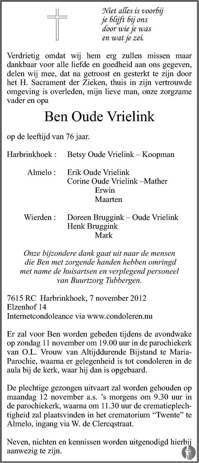 Ben Oude Vrielink 07 11 2012 Overlijdensbericht En Condoleances