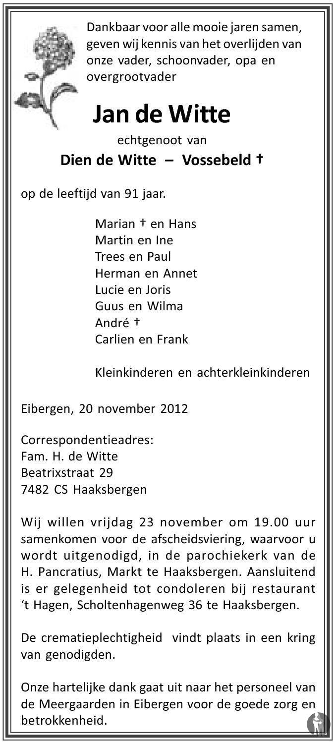 Jan de Witte 20-11-2012 overlijdensbericht en condoleances - Mensenlinq.nl