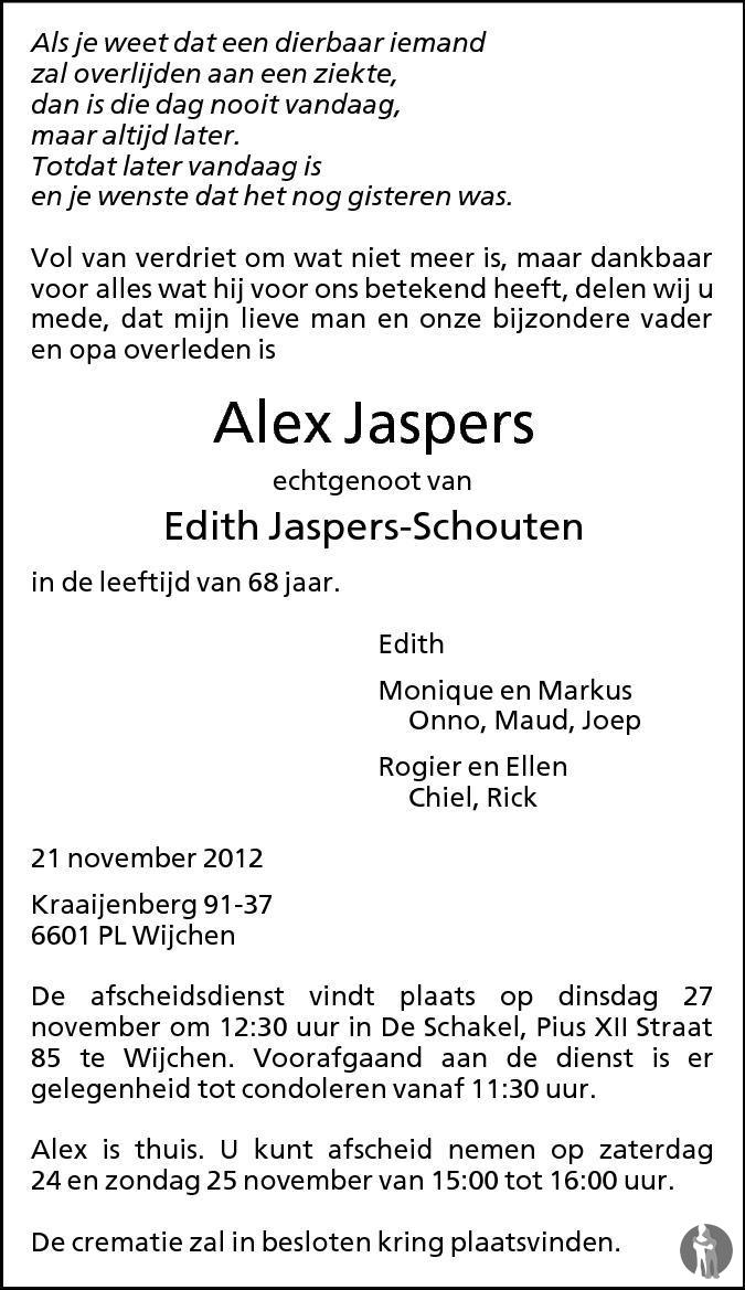 Alex Jaspers 21-11-2012 overlijdensbericht en condoleances - Mensenlinq.nl