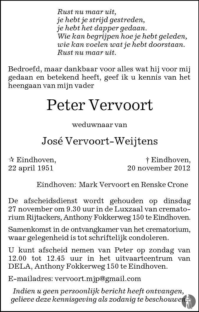 Peter Vervoort 20-11-2012 overlijdensbericht en condoleances ...
