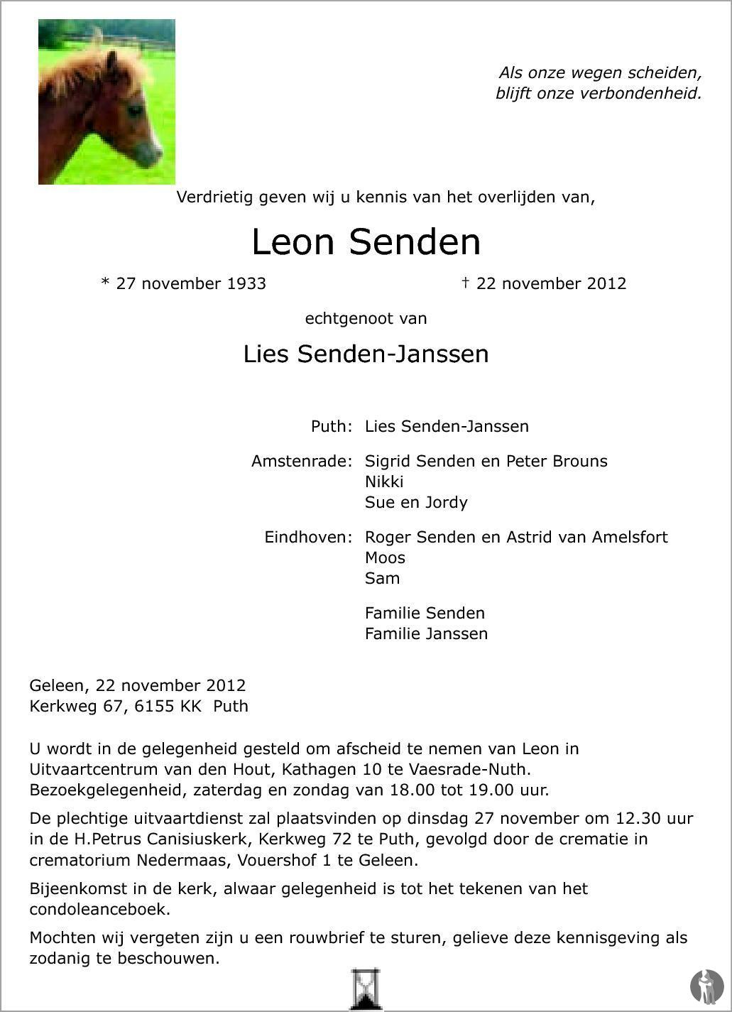 Leon Senden 22-11-2012 overlijdensbericht en condoleances - Mensenlinq.nl