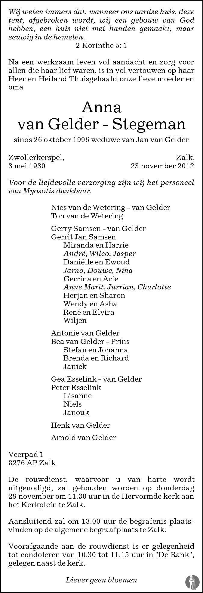 Anna van Gelder - Stegeman 23-11-2012 overlijdensbericht en ...