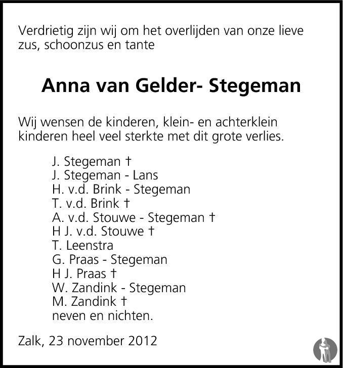 Anna van Gelder - Stegeman 23-11-2012 overlijdensbericht en ...