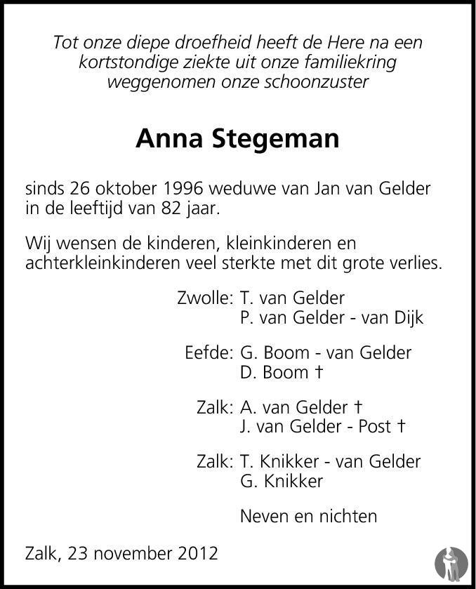 Anna van Gelder - Stegeman 23-11-2012 overlijdensbericht en ...