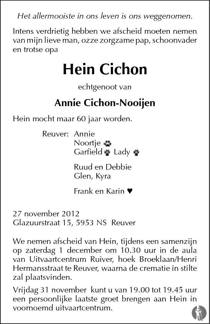 Hein Cichon 27-11-2012 overlijdensbericht en condoleances - Mensenlinq.nl