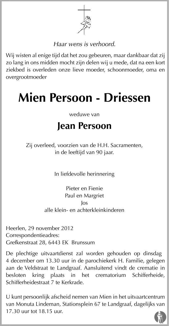 Mien Persoon - Driessen 29-11-2012 overlijdensbericht en condoleances ...