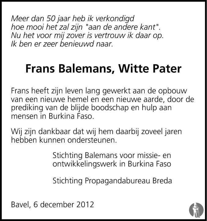Frans (Witte Pater Balemans 06-12-2012 overlijdensbericht en ...