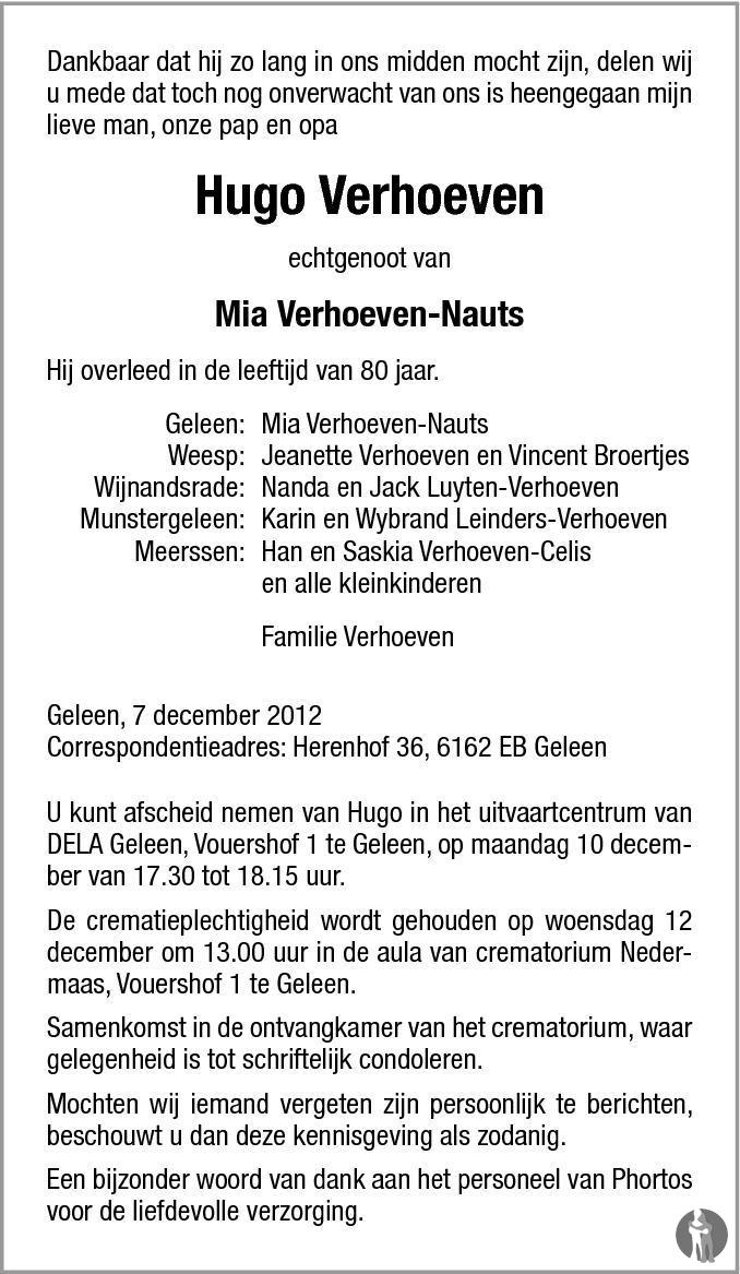Hugo Verhoeven 07-12-2012 overlijdensbericht en condoleances ...