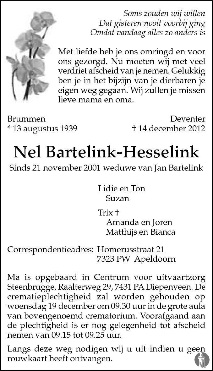 Nel Bartelink - Hesselink 14-12-2012 overlijdensbericht en condoleances ...