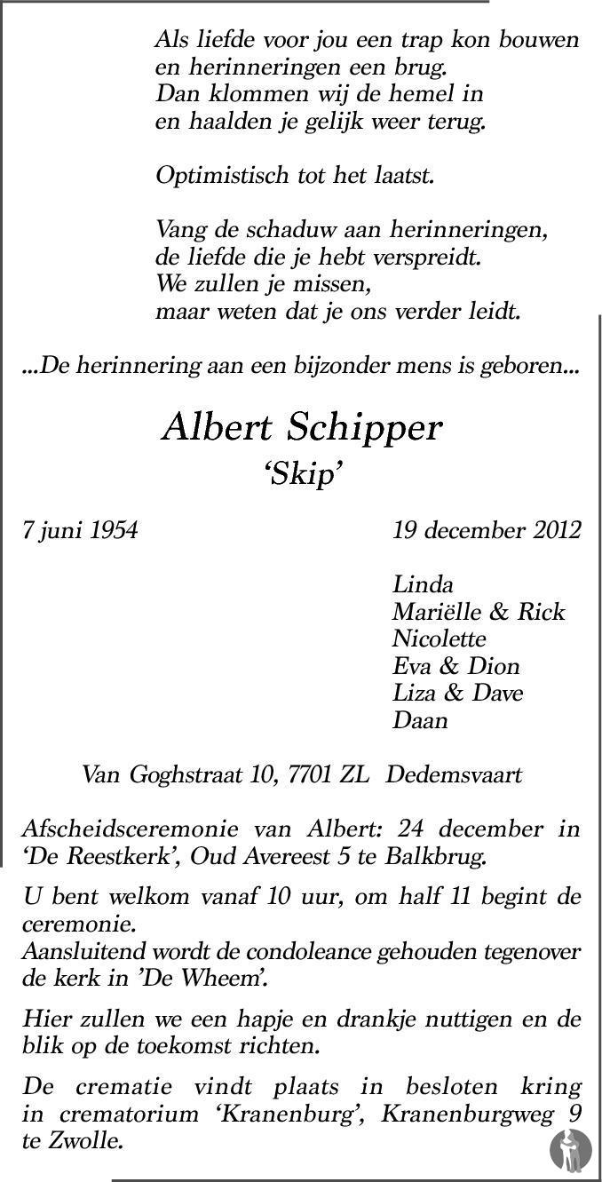 Albert (Skip) Schipper 19-12-2012 overlijdensbericht en condoleances ...