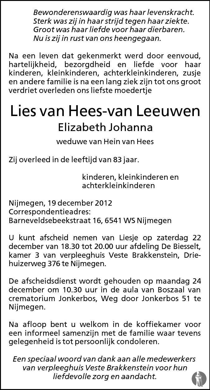 Elizabeth Johanna (Lies) van Hees - van Leeuwen 19-12-2012 ...