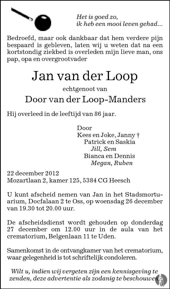 Jan van der Loop 22-12-2012 overlijdensbericht en condoleances ...