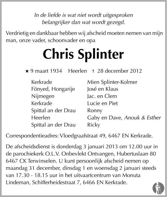 Chris Splinter 28-12-2012 overlijdensbericht en condoleances ...