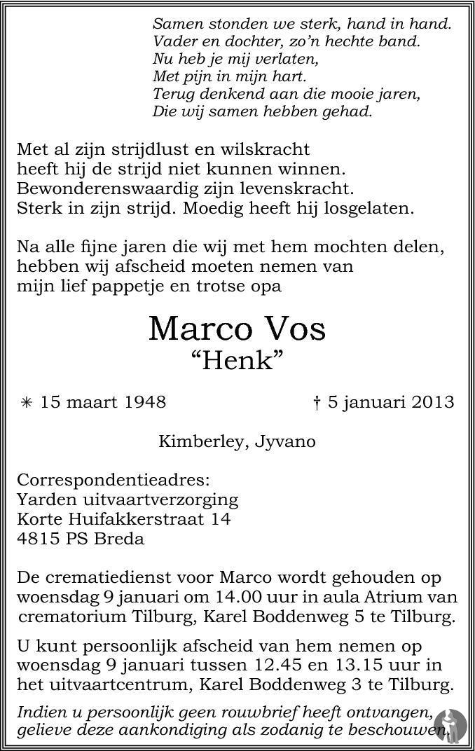 Marco (Henk) Vos 05-01-2013 overlijdensbericht en condoleances ...