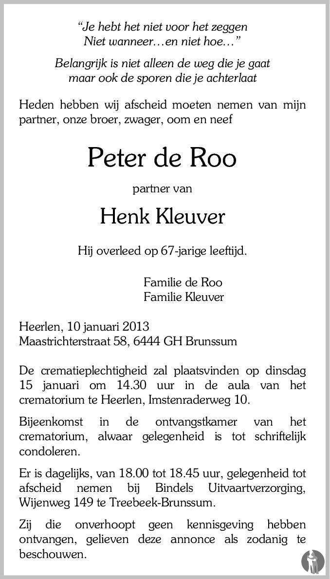 Peter de Roo 10-01-2013 overlijdensbericht en condoleances - Mensenlinq.nl