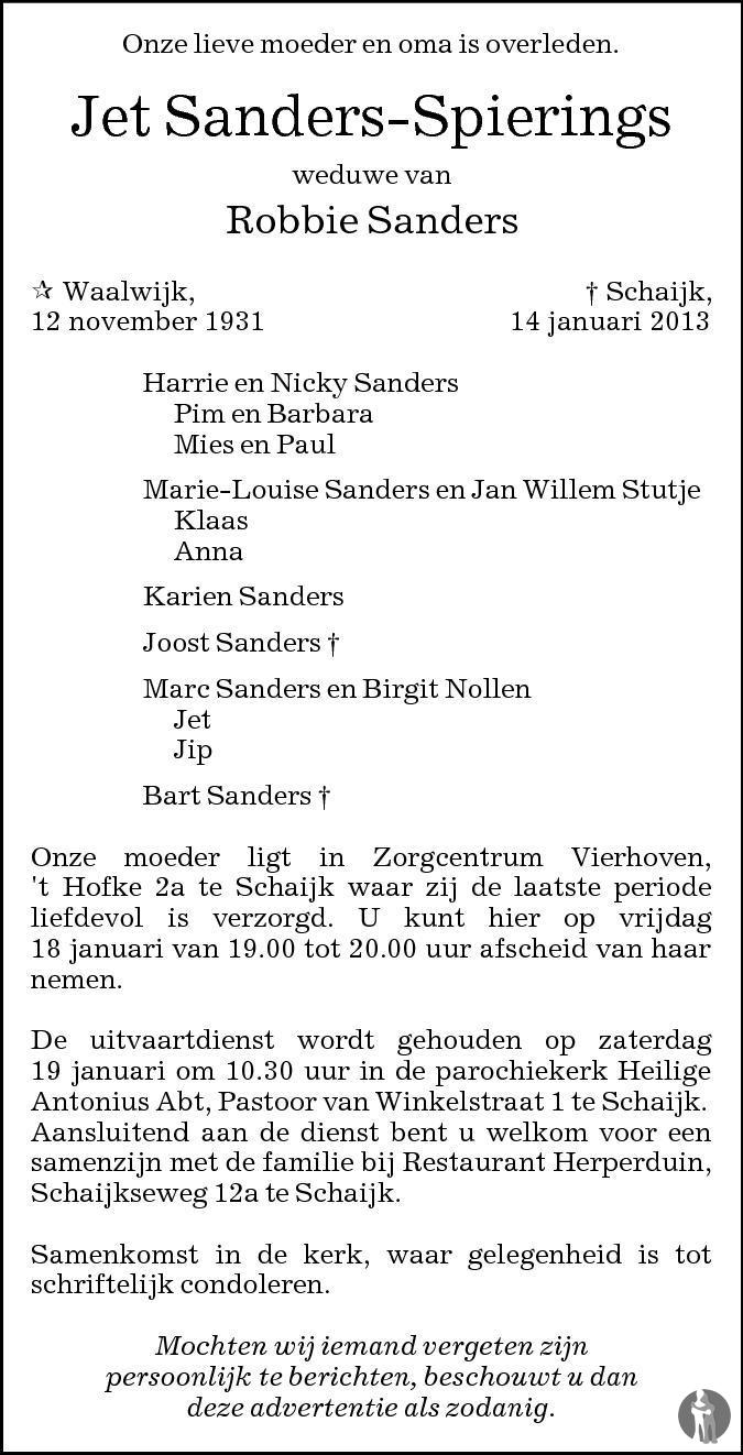 Jet Sanders - Spierings 14-01-2013 overlijdensbericht en condoleances ...