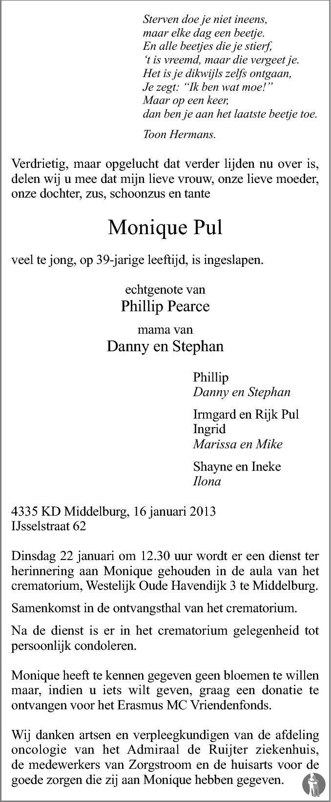 Monique Pearce - Pul 16-01-2013 overlijdensbericht en condoleances ...