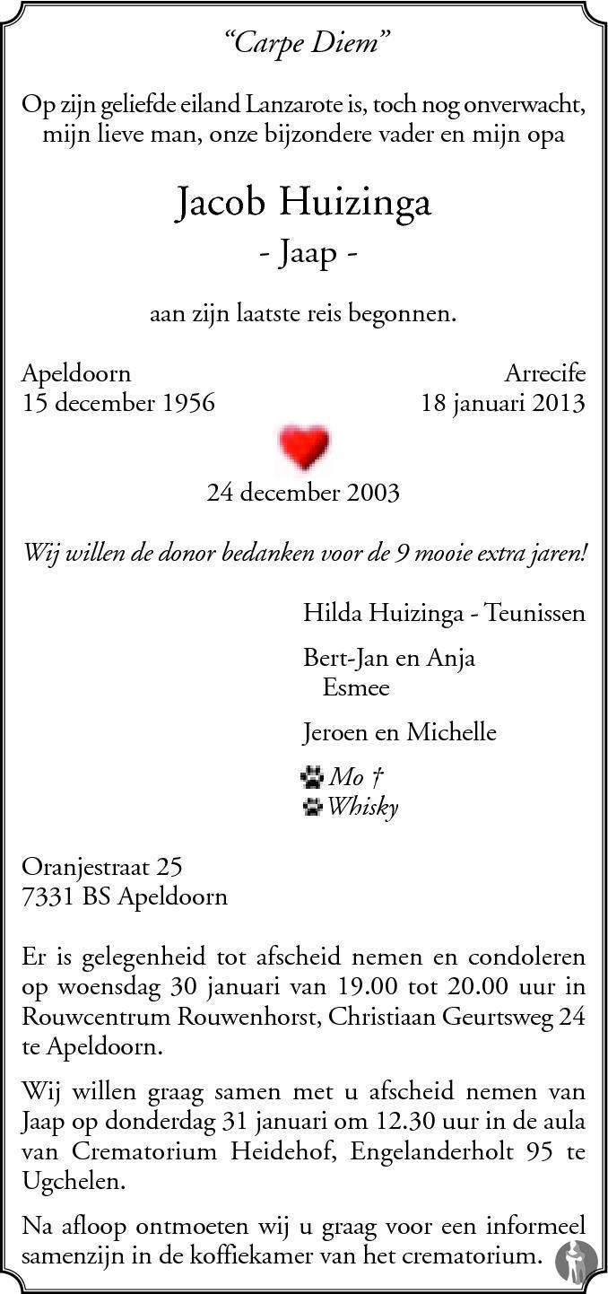 Jacob (Jaap) Huizinga 18-01-2013 overlijdensbericht en condoleances ...