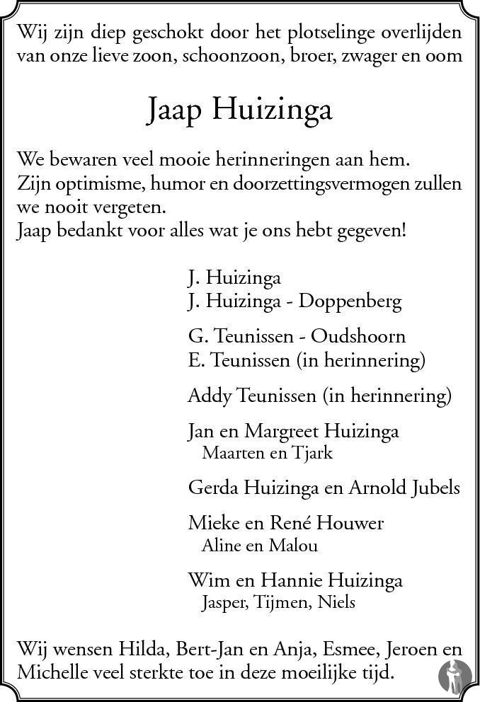 Jacob (Jaap) Huizinga 18-01-2013 overlijdensbericht en condoleances ...
