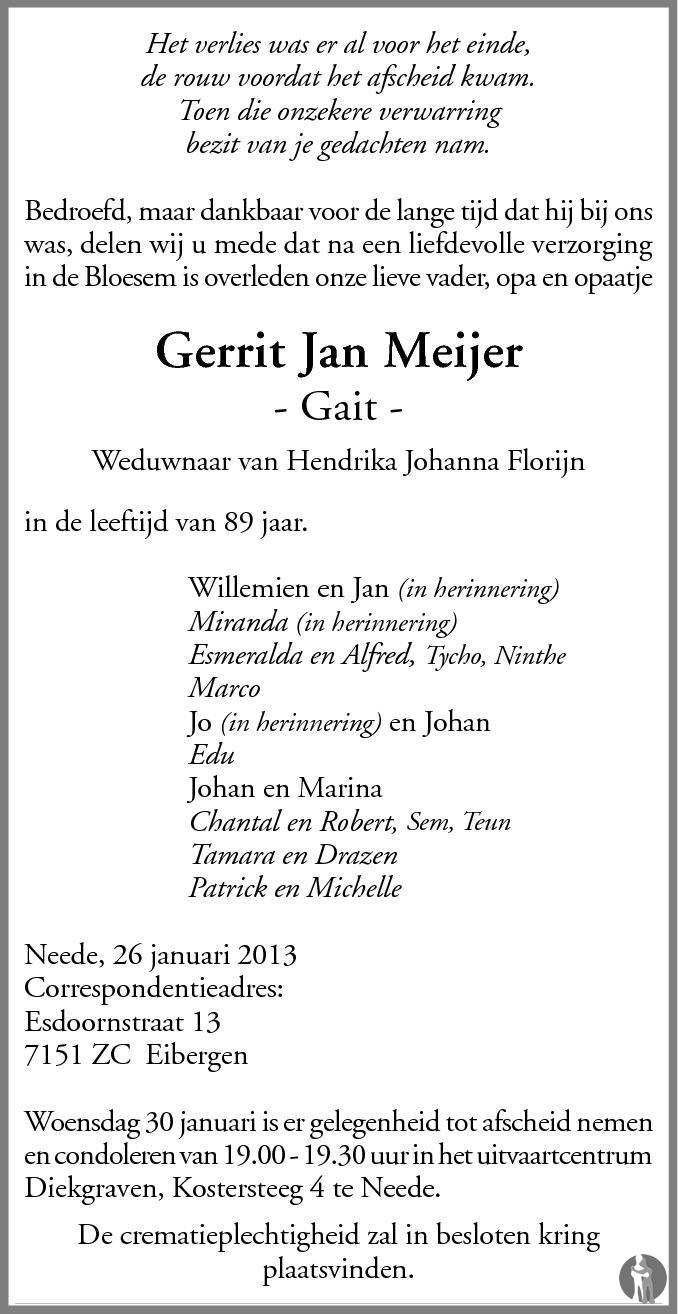 Gerrit Jan (Gait) Meijer 26-01-2013 overlijdensbericht en condoleances ...