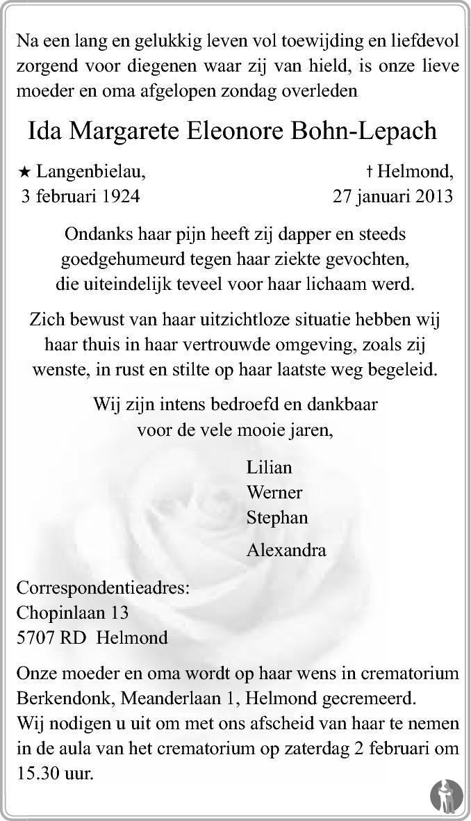 Ida Margarete Eleonore Bohn - Lepach 27-01-2013 overlijdensbericht en ...
