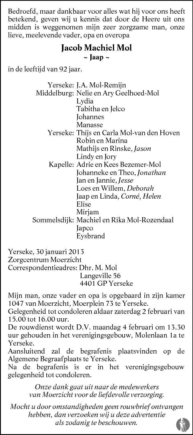 Jacob Machiel (Jaap) Mol 30-01-2013 overlijdensbericht en condoleances ...
