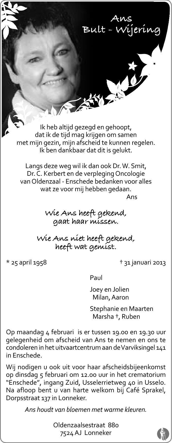 Ans Bult - Wijering 31-01-2013 overlijdensbericht en condoleances ...