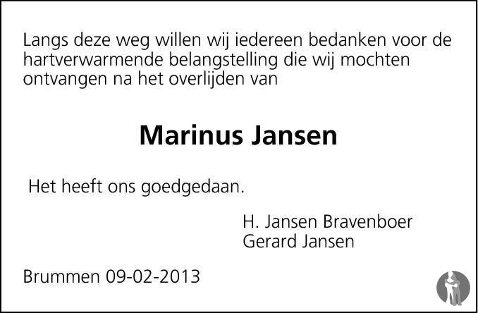 Marinus Jansen 09-02-2013 overlijdensbericht en condoleances ...