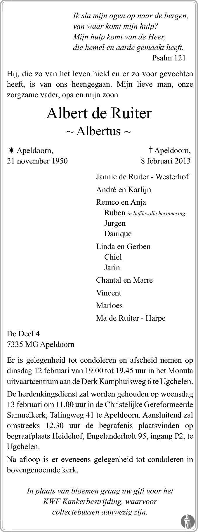 Albertus (Albert) de Ruiter 08-02-2013 overlijdensbericht en ...