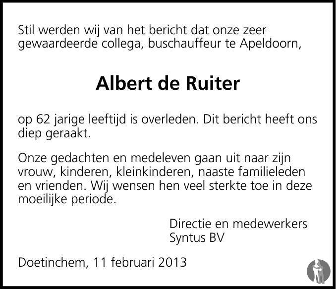Albertus (Albert) de Ruiter 08-02-2013 overlijdensbericht en ...