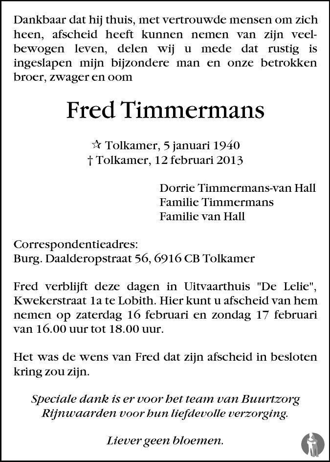 Fred Timmermans 12-02-2013 overlijdensbericht en condoleances ...