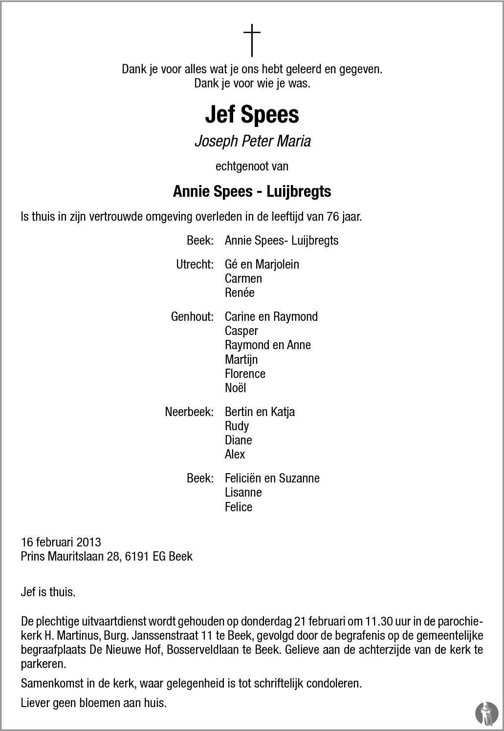 Joseph Peter Maria (Jef) Spees 16-02-2013 overlijdensbericht en ...