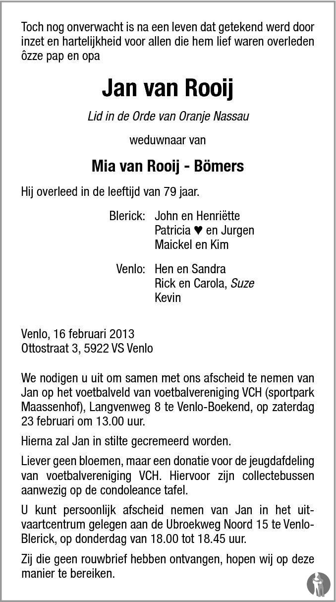 Jan van Rooij 16-02-2013 overlijdensbericht en condoleances - Mensenlinq.nl
