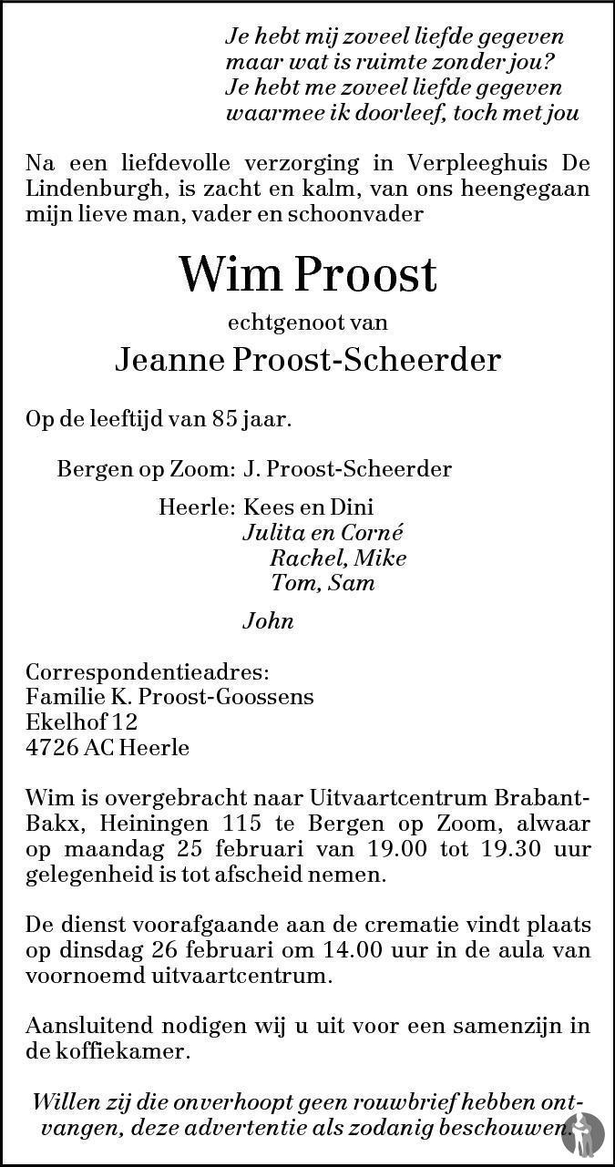 Wim Proost 21-02-2013 overlijdensbericht en condoleances - Mensenlinq.nl