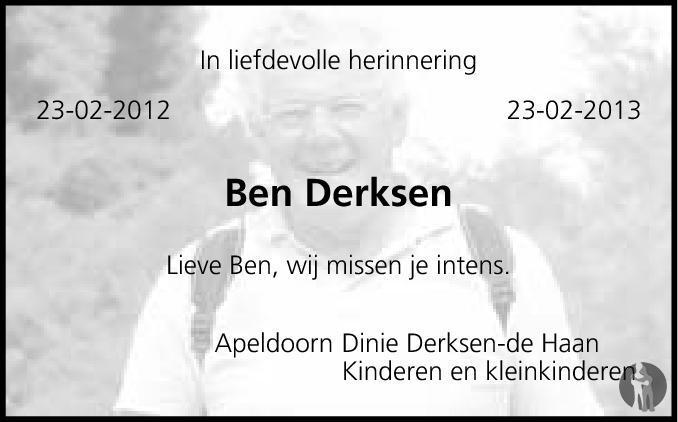Bernardus Josephus (Ben) Derksen 23-02-2012 overlijdensbericht en ...