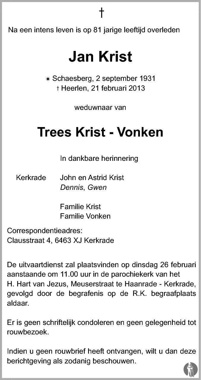 Jan Krist 21-02-2013 overlijdensbericht en condoleances - Mensenlinq.nl