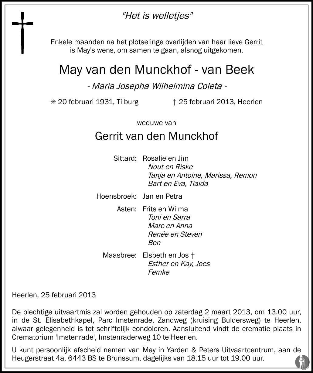 Maria Josepha Wilhelmina Coleta (May) van den Munckhof - van Beek 25-02 ...
