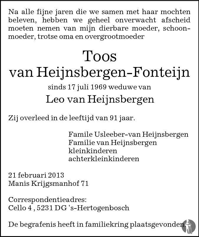 Toos van Heijnsbergen - Fonteijn 21-02-2013 overlijdensbericht en ...