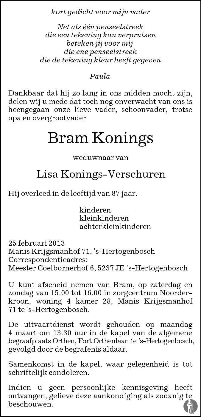 Bram Konings 25-02-2013 overlijdensbericht en condoleances - Mensenlinq.nl